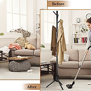 NicQliear Wooden Freestanding Coat Rack with 9 Hooks, Adjustable Coat Rack Stand 69.3" to Hang Clothes/Bags/Hats, Standing Coat Tree Perfect for Bedroom/Entryway/Hallway, Easy Assembly, Black