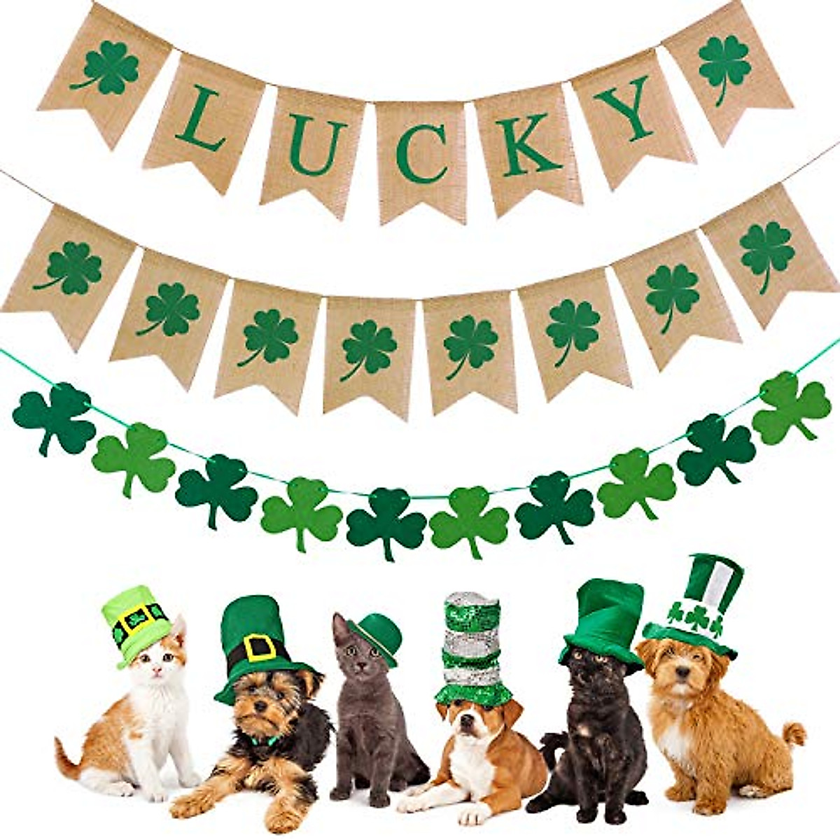 3 Pieces St. Patrick's Day Banner Shamrock Garland Lucky Banner Burlap Irish Garland Green Four Leaf Banner and Felt Shamrock Clover Banner Flags for Saint Patrick's Day Party Decor