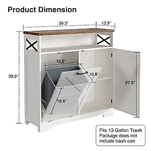 Tilt Out Trash Can Cabinet for 10 Gallon Trash Can, Farmhouse Kitchen Island Bin Cabinet with Adjustable Shelf for Hidden Laundry Basket, Dual Dog Proof Garbage Can for Dining Room, Living Room, White