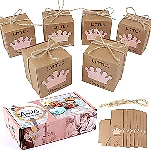 AerWo 50pcs Little Princess Baby Shower Party Favor Boxes, Baby Shower Favors for Guests with 50pcs Twine Bow, Rustic Kraft Paper Candy Bag Gift Boxes for Birthday Baby Shower Decoration, Pink