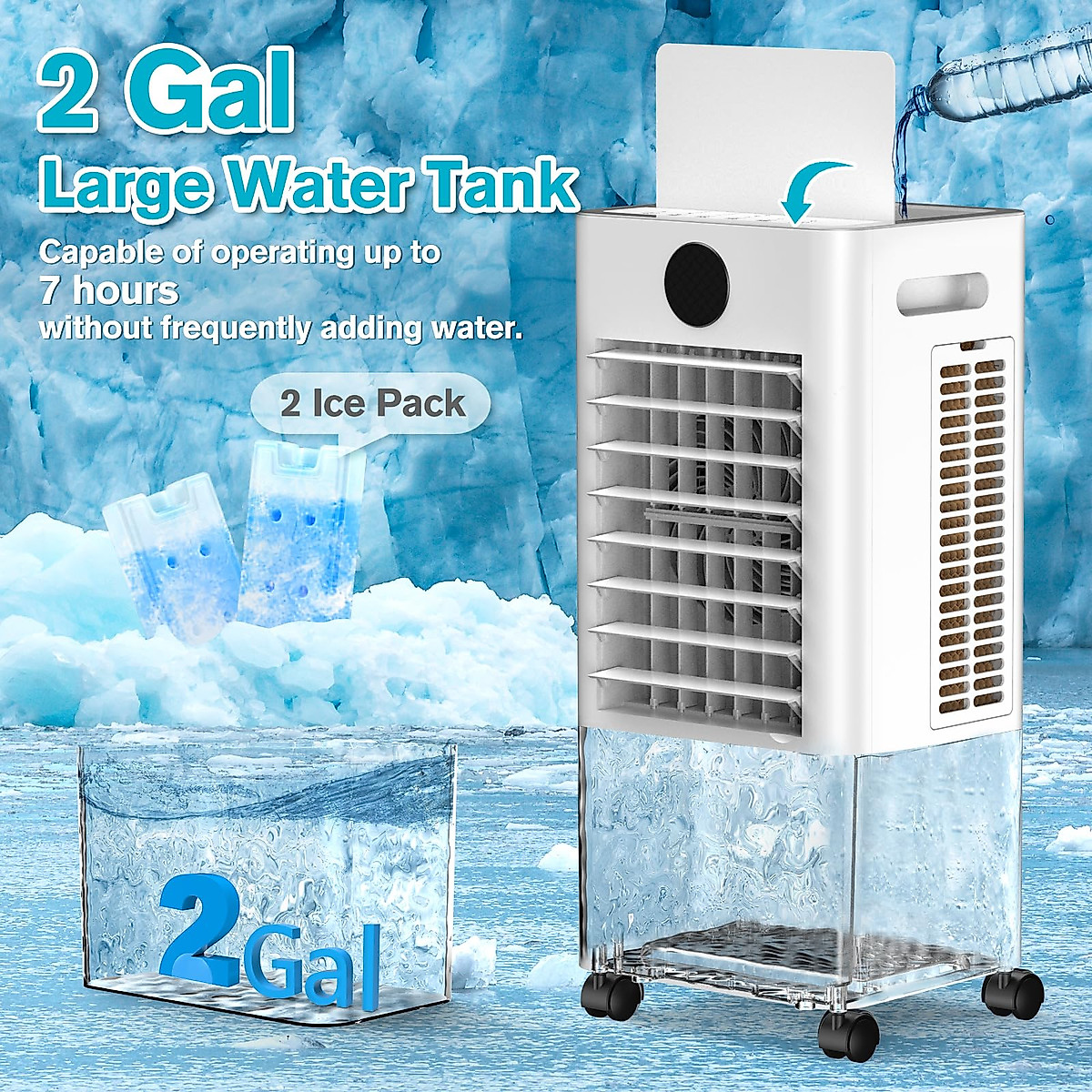 Windowless Portable Air Conditioner, 12H Timer & 2-Gal Tank, 3-IN-1 Portable AC Unit with Remote, 75°Oscillation, 3 Modes & 3 Speeds, Ultra-Quiet 24" Ventless Swamp Cooler for Room Home Office