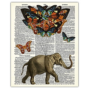Elephant With Butterfly Balloons Dictionary Wall Art Print: Unique Room Decor for Boys, Men, Girls & Women - (8x10) Unframed Picture