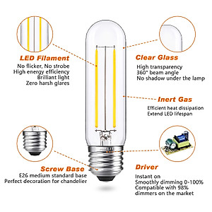 AIELIT E26 LED Tubular Light Bulb 25 Watt Equivalent, Bright White 5000K, 200 Lumens, 2W Daylight DimmableT10/T30 Edison LED Filament Bulbs for Chandelier, 4-Pack