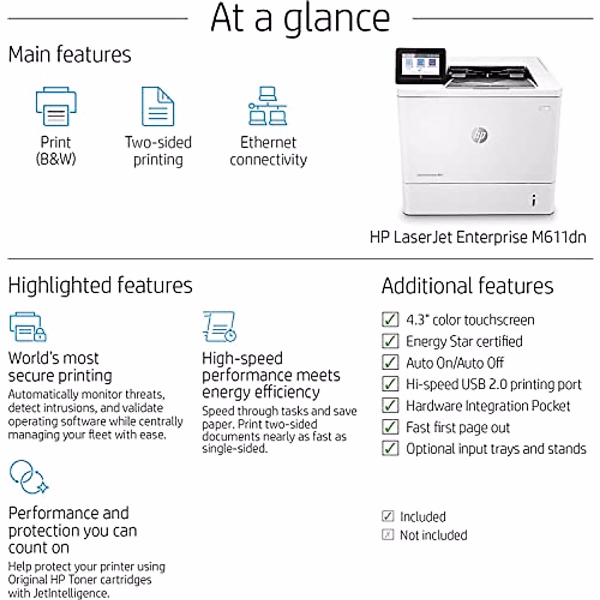 HP Laserjet Enterprise M611dn Single-Function Wired Monochrome Laser Printer, White - Print only - Ethernet, USB, 4.3" Touchscreen, 65 ppm, 1200x1200 dpi, Auto Duplex Printing - Cbmou External Webcam