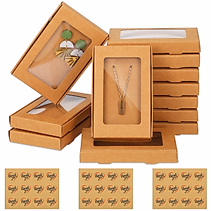 30Pcs Jewelry Packaging Boxes Gift Boxes 5.4"x3.4"x0.7" Paper Boxes with Clear Window 30 Display Card 36 Sticker for Keychain (Kraft Color)