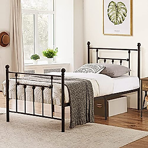 VECELO Twin Size Metal Platform Bed Frame with Headboard and Footboard, Heavy Duty Slat Support/No Box Spring Needed Mattress Foundation/Underbed Storage Space, Victorian Style, Black