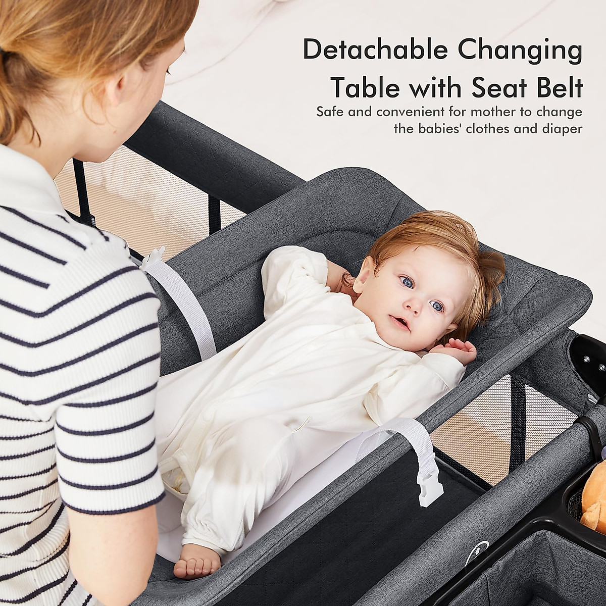 ANGELBLISS 5 in 1 Baby Bassinet Bedside Crib, Rocking Bassinet with Diaper Changer, Pack and Play Bassinet, Folding Playpen Portable Playard with Hanging Toys, Sheet& Mattress, from Newborn to Toddles