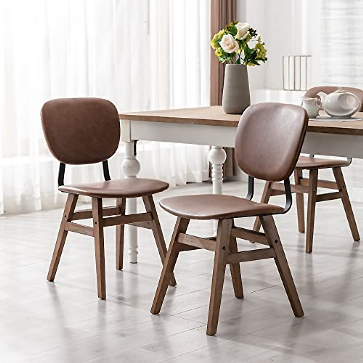 Wahson Set of 4 Farmhouse Country Armless Dining Room Chairs, Faux Leather Upholstered Kitchen Chairs with Hardwood Legs, Brown