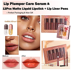 DEROL Lip Plumper Set,Natural Lip Plumper and Lip Care Serum,Lip Enhancer for Fuller,12Pcs Matte Liquid Lipstick + LipLiner Pens Set, Matte liquid Long-Lasting Wear Non-Stick Cup Waterproof Lip Gloss