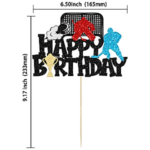 1Pc Hockey Happy Birthday Cake Topper Glitter Ice Hockey Player Sports Theme Cake Pick Decorations for Hockey Theme Baby Shower Boys Girls Birthday Party Supplies Black