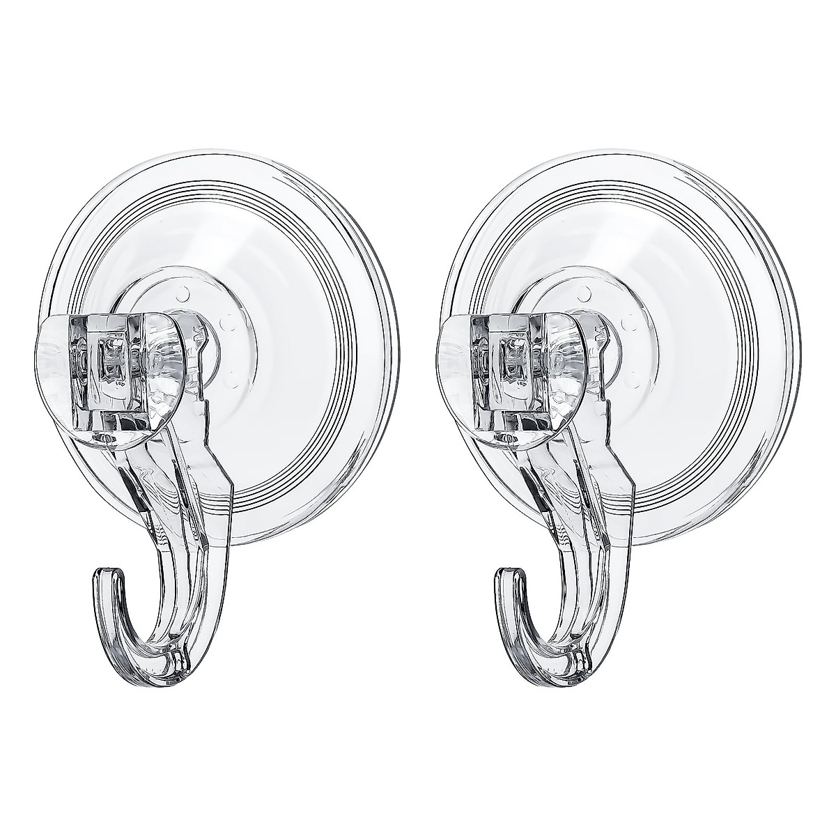 Shang Chiang Suction Hooks 2 Packs, Clear Powerful Push and Lock Vacuum Suction Cup, Multi-Purpose Suction Shower Hooks for Front Door Window Glass Kitchen Towel Loofah Utensils