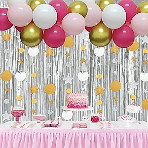 6.6x8.2 Feet Silver Foil Tinsel Fringe Backdrop Curtains with 26.2 Feet Circle Star Paper Garland Door Party Streamer for Birthday Bachelorette Bride Baby Shower Wedding Graduation Party Decorations