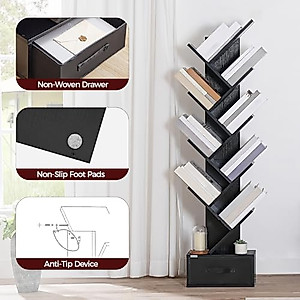 MAHANCRIS Tree Bookshelf, 9-Tier Bookshelf with Drawer, Wooden Book Storage Rack, Floor Standing Bookcase, Utility Organizer Shelves for CDs/Books/Movies, for Living Room, Home Office, Black BKB7101