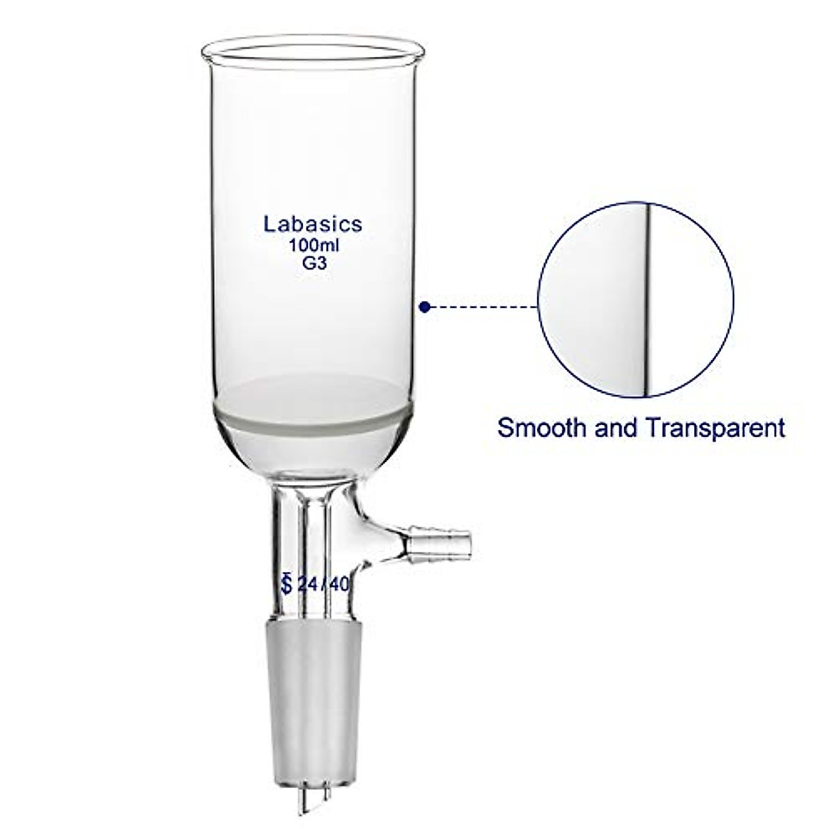 Labasics Borosilicate Glass Buchner Filtering Funnel with Fine Frit (G3), 46mm Inner Diameter, 80mm Depth, with 24/40 Standard Taper Inner Joint and Vacuum Serrated Tubulation (100ml)