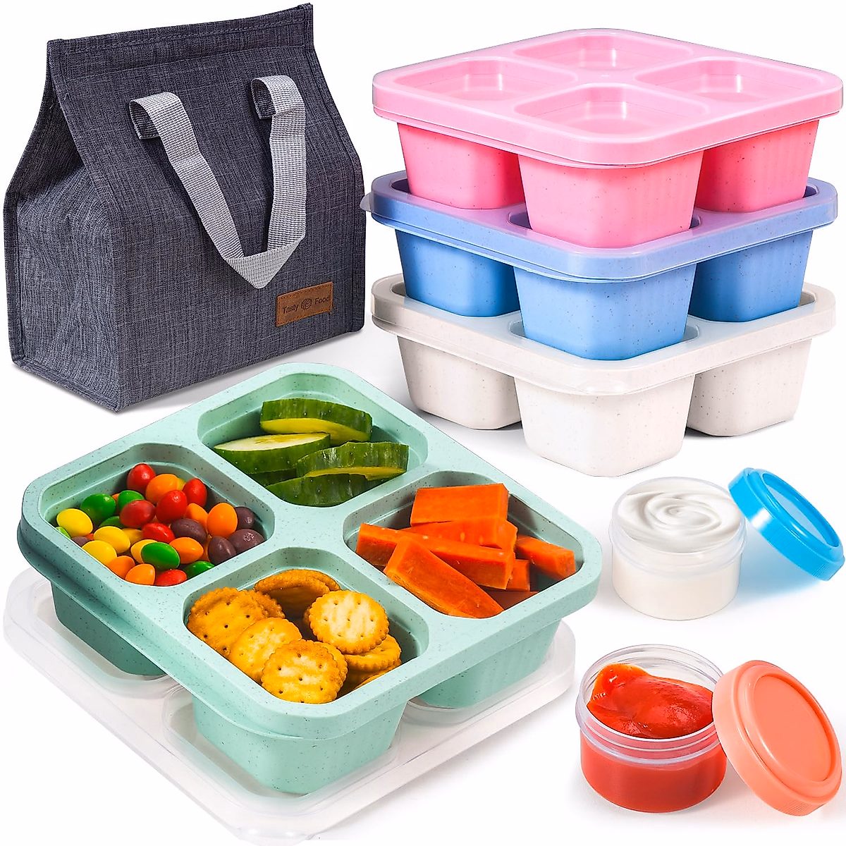 KTKUDY 4 Pack Snack Containers with lunch Bag & Sauce Box - 4 Compartments Bento Snack Box - Reusable Meal Prep Lunch Container for Kids Adults - Divided Food Storage Containers for School Work Travel