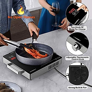 Hot Plate Electric Single Burner 1500W Portable Burner for Cooking with Adjustable Temperature & Stay Cool Handles, Non-Slip Rubber Feet, Stainless Steel Easy To Clean, Compatible for All Cookwares (Grey)