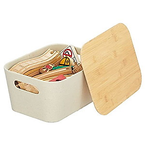 mDesign Fabric Basket with Lid - Wide Stacking Decorative Storage Box Bins with Covered Bamboo Lids for Closet, Bedroom, Living Room or Office - Holds Clothing and Accessories, 4 Pack, Cream