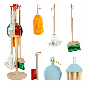 FOPNETS Kids Cleaning Set Toys 7 Piece Cleaning Toys for Toddlers Pretend Play Cleaning Tools for Kids Wooden Detachable Housekeeping Broom Dustpan Duster Brush Mop