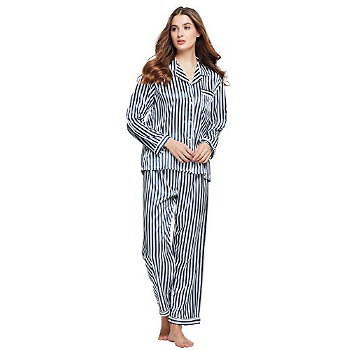 TONY & CANDICE Women's Classic Satin Pajama Set Sleepwear Loungewear (Blue and White Striped, Medium)