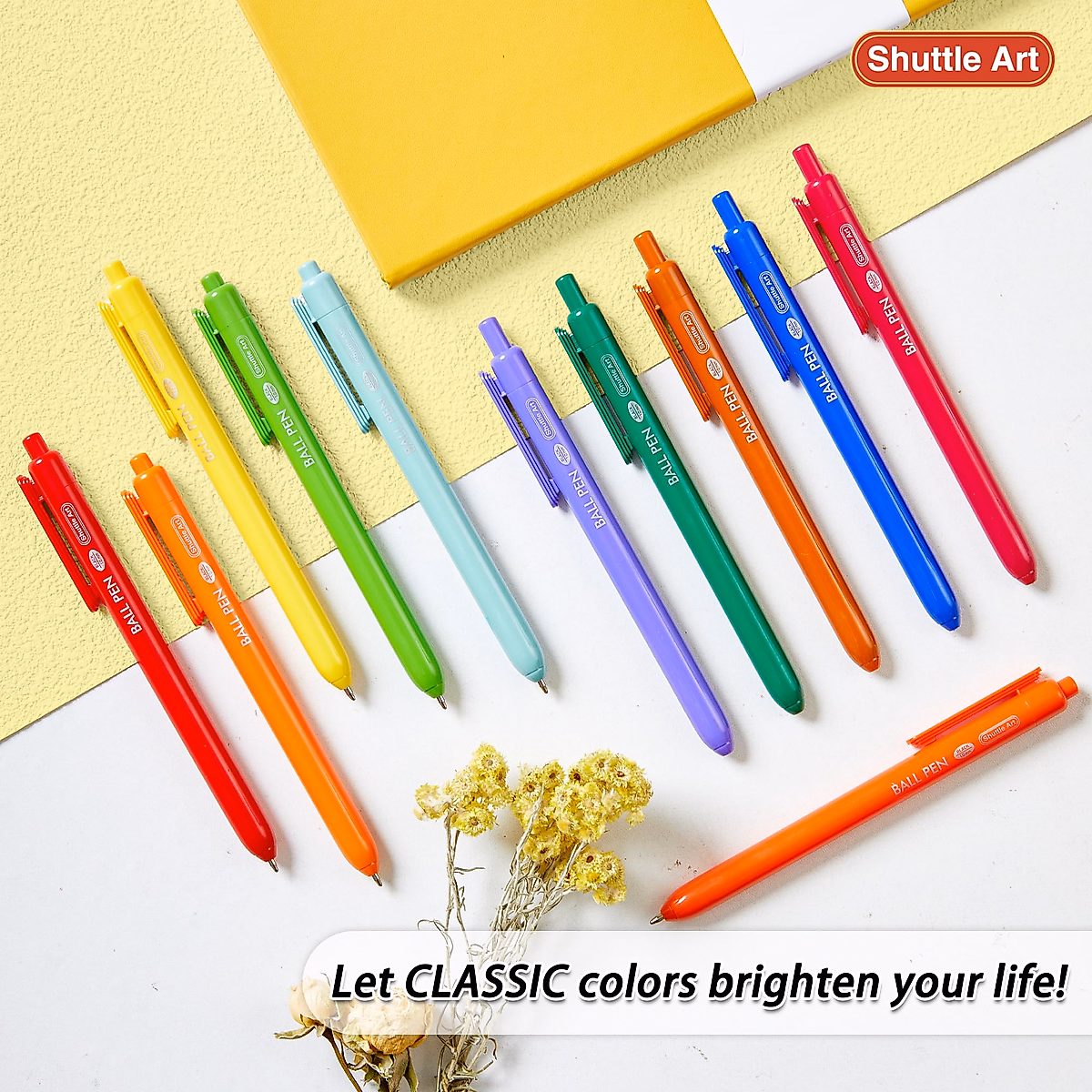 Shuttle Art Ballpoint Pens, 24 Pack Colored Retractable Black Ink Ball Point Pens, Cute Pens 1.0mm Medium Point Quick Drying for Writing Journaling Taking Notes School Office Home