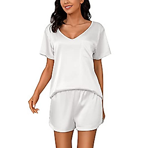 Litherday Women's Satin Pajama Set Silk Causal Short Sleeve Pj Shirt Lounge Shorts Sexy Pjs Soft V-Neck Sleepwear with Pockets White Medium