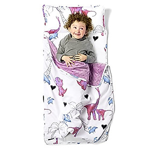 JumpOff Jo - Toddler Nap Mat for Preschool, Daycare, and Kindergarten - Sleeping Bag for Kids with Removable Pillow and Ultra Soft Blanket - Pink Dino