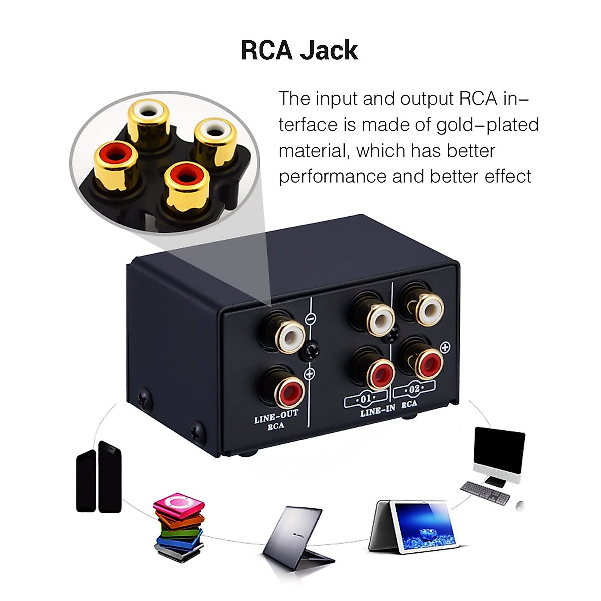 JINGFENG Audio Switcher RCA 2 in 1 Out/1 in 2 Out A/B Switch Stereo Audio Splitter Box with No Distortion RCA Jack for Switching Between Computer Speakers and Headphones