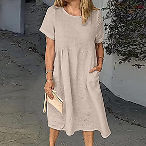 Women's Short Sleeve Crew Neck Loose Midi Linen Dress Casual Summer Solid Color Cotton Linen Dresses with Pockets