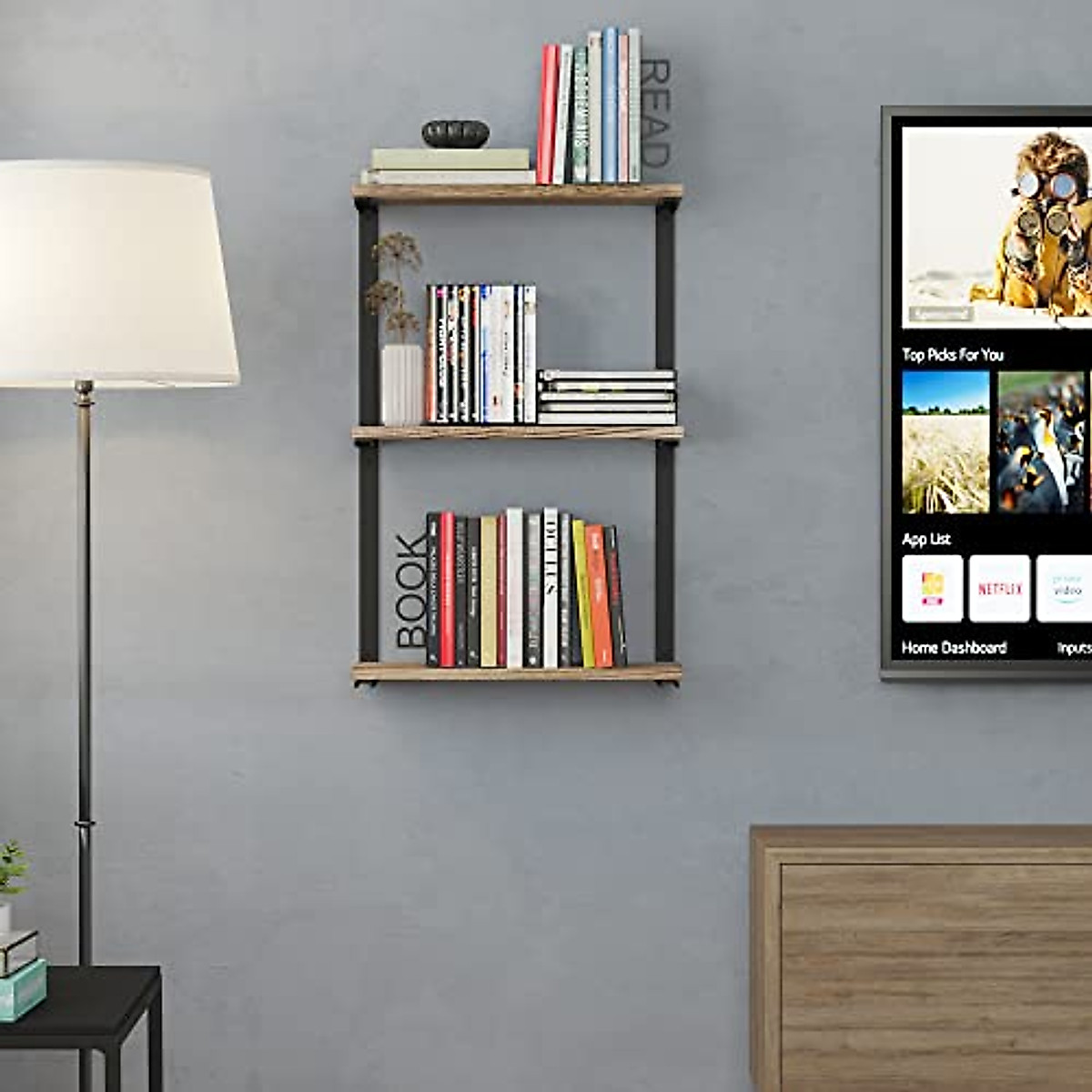 Wallniture Tivoli 3-Tier Floating Shelves Wall Bookshelf Living Room Decor Bathroom Organizer, Kitchen Organization & Office Decor Burnt Finish