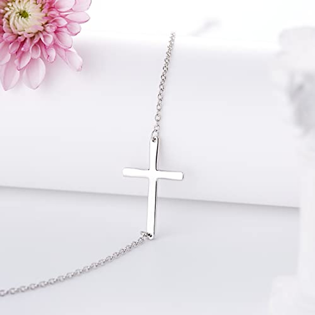 LANE WOODS Christmas Gifts 18K Real White Gold(3-5mls) Plated 925 Sterling Silver Sideways Cross Necklace for Women