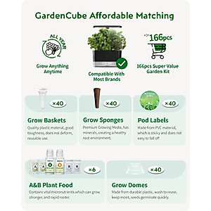 GardenCube 166pcs Hydroponic Pods Kit: Grow Anything Kit with 40 Grow Sponges, 40 Grow Baskets, 40 Grow Domes, 40 Pod Labels, 6 A&B Plant Food - Compatible with Hydroponics Supplies from All Brands