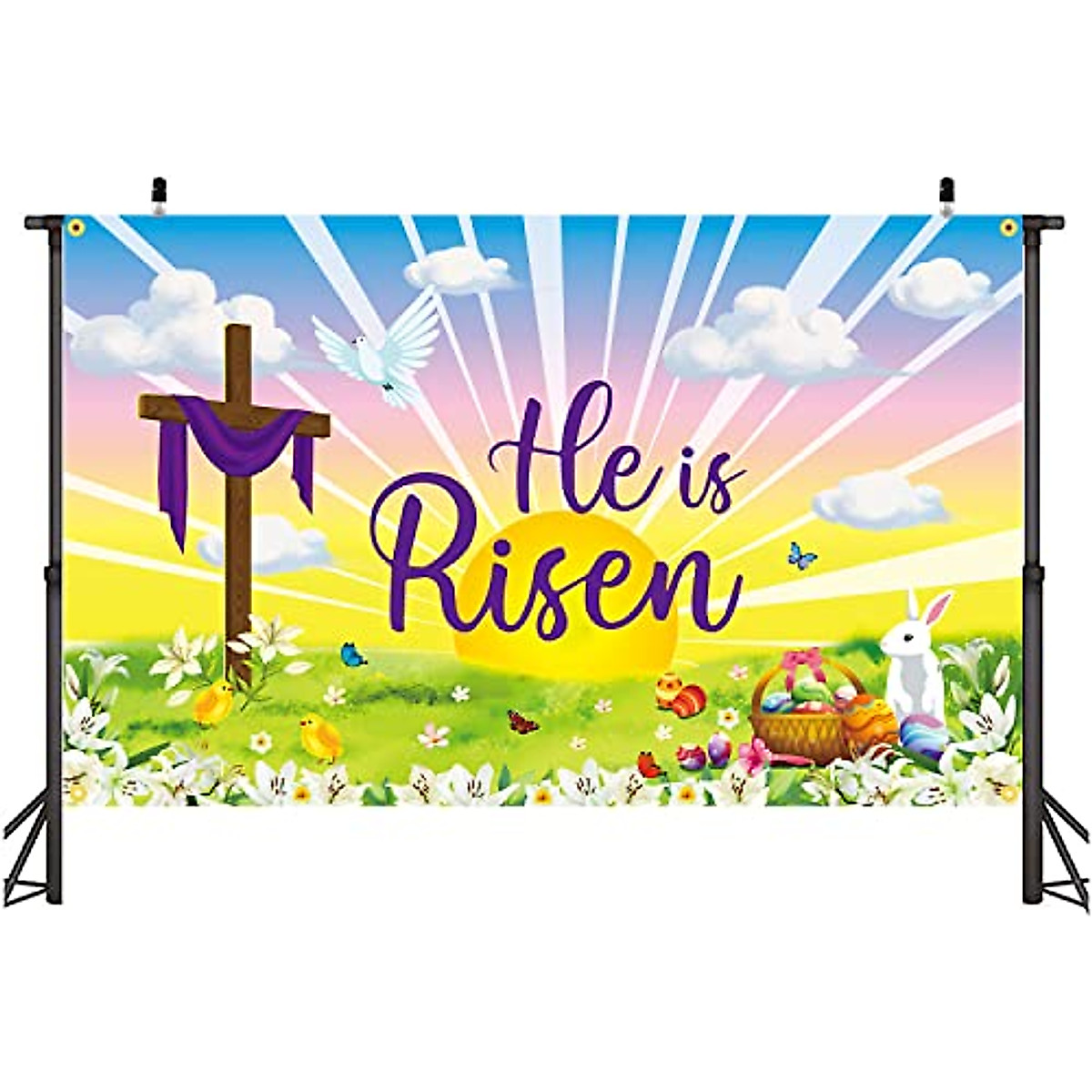 JKQ Easter He is Risen Backdrop Banner 73 x 43 Inch Large Size Jesus Resurrection Cross Sun Lily Background Banner Religious Holiday Party Decorations Easter Spring Indoor Outdoor Photo Booth Props