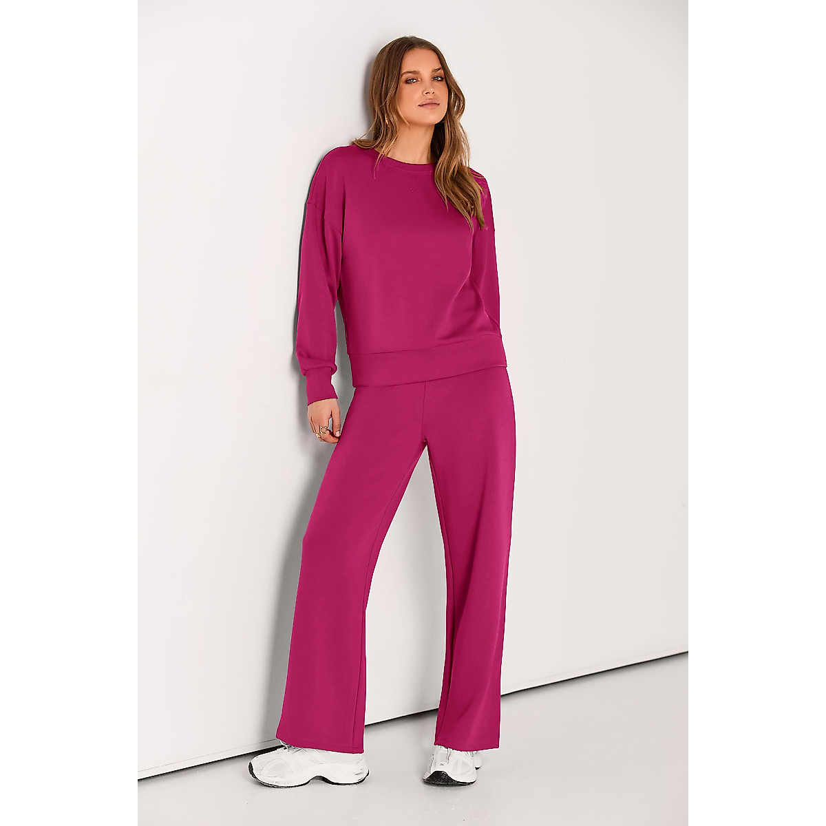 PRETTYGARDEN Women Two Piece Sweatsuits 2024 Long Sleeve Pullover Tops Wide Leg Pants Sets Matching Sweat Outfits (Rose Red,Large)