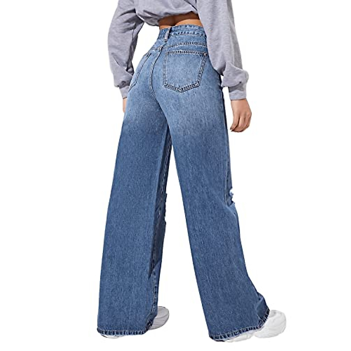 SweatyRocks Women's High Waisted Wide Leg Jeans Casual Loose Ripped Denim Pants Medium Wash S