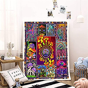 Trippy Mushroom Blanket Hippie Plant Throw Blankets for Couch Trippy Sherpa Fleece Blankets Soft Cotton Fuzzy Blanket Wool Plush Blanket (Classic Purple,(59 x 79 in))