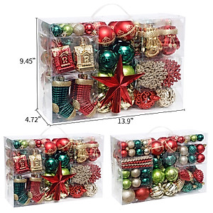 Christmas Tree Ornament, 132pcs Christmas Tree Decoration Set Red Green Gold Christmas Ball Shatterproof Hanging Tree Ornament Assortment Set