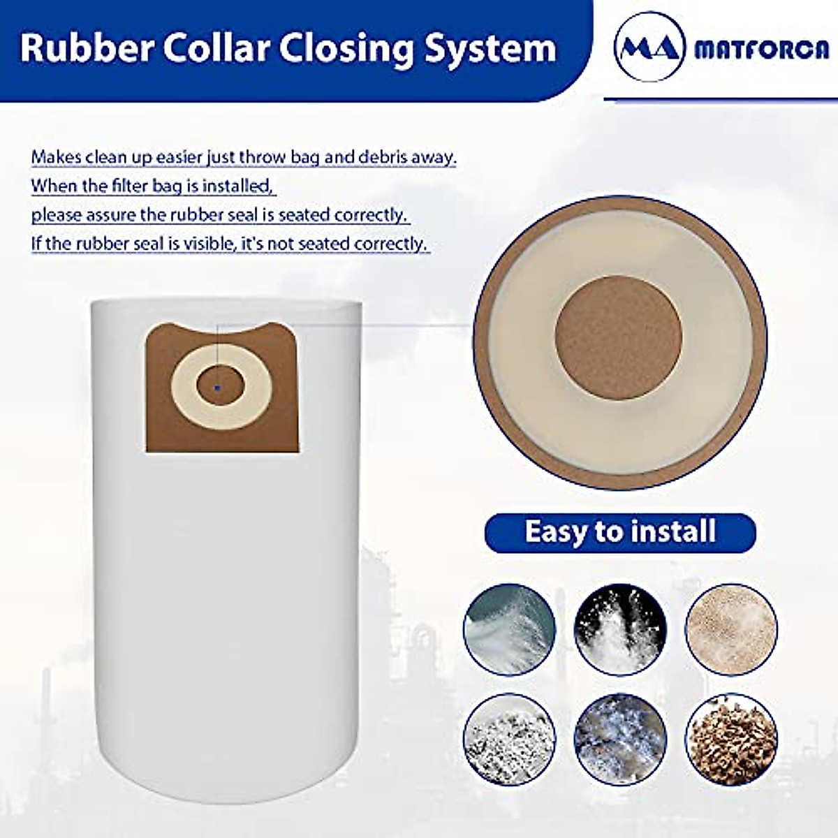 MATFORCA 6 Pack 23743 VF3502 Replacement Vacuum Bags Compatible with Ridgid Wet/Dry Vacuum 12-16 Gallon