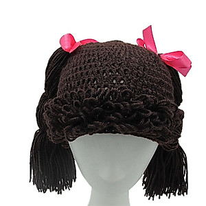 BIBITIME Knitted Pigtail Wig Beanie Handmade Women Girl's Braid Hat Bowknot Cap (One Size for Women, Coffee)