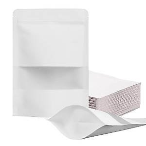 FireKylin 100 Pcs Resealable Bags,4.7" x 7.9" Stand Up White Kraft Paper Bags with Matte Window, Zip Lock Food Storage Bags for Packaging Products, Reusable, Sealable