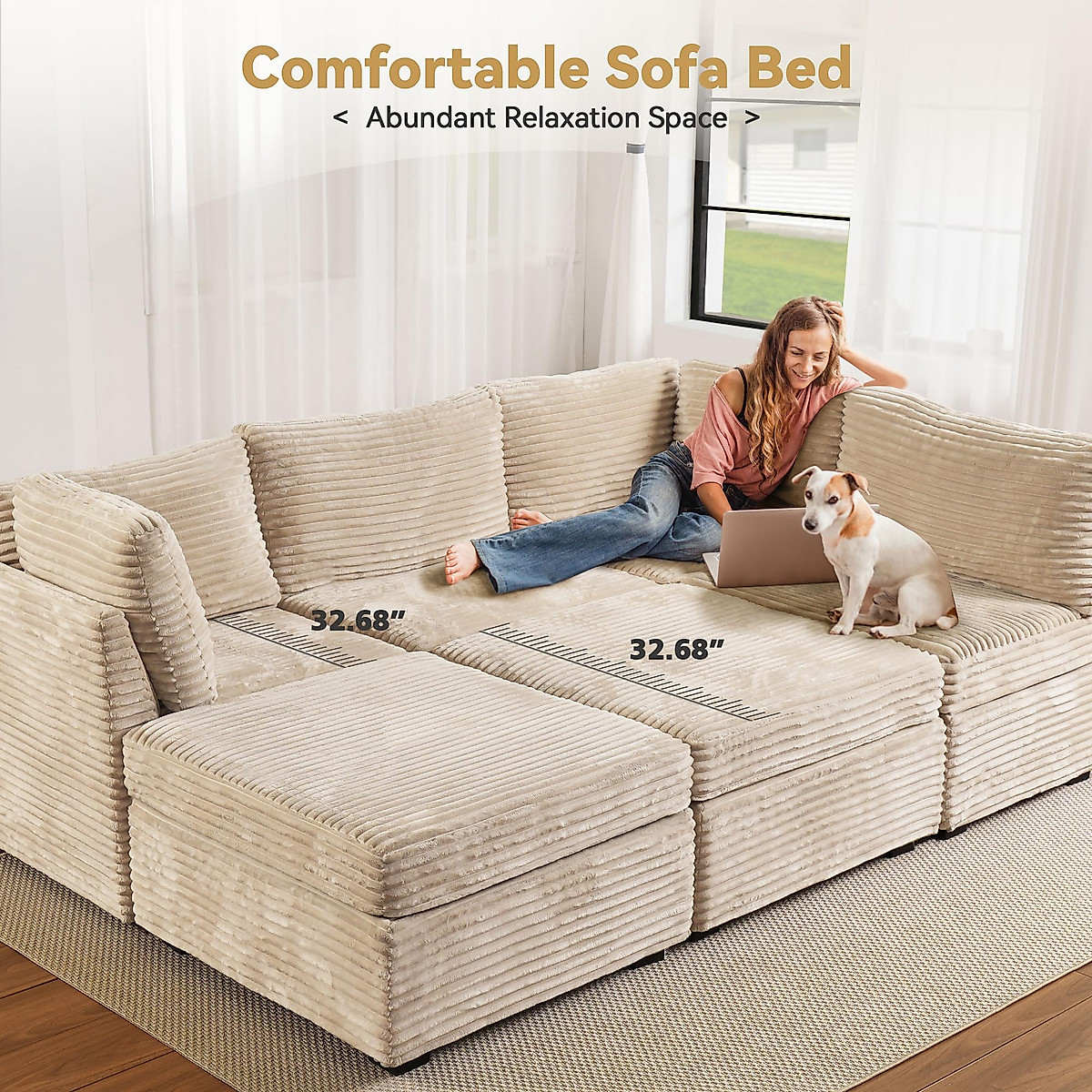 CAODOC Modular Sectional Sofa with Chaise U Shaped Sectional Couch for Living Room, 8-Seater Comfy Cloud Couches with One Movable Ottoman, Plush Corduroy, Beige