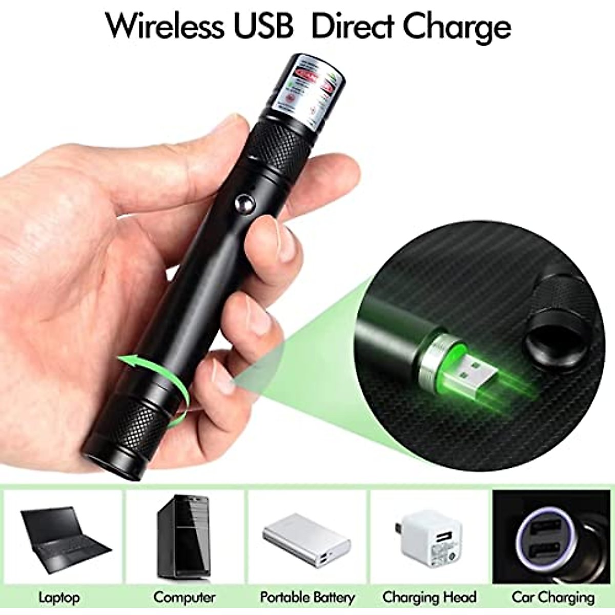 Cyahvtl Laser Pointer, 2000 Metres Green Long Range High Power Handheld Flashlight, Rechargeable Laser Pointer for USB, with Star Cap Adjustable Focus Suitable for Projecto