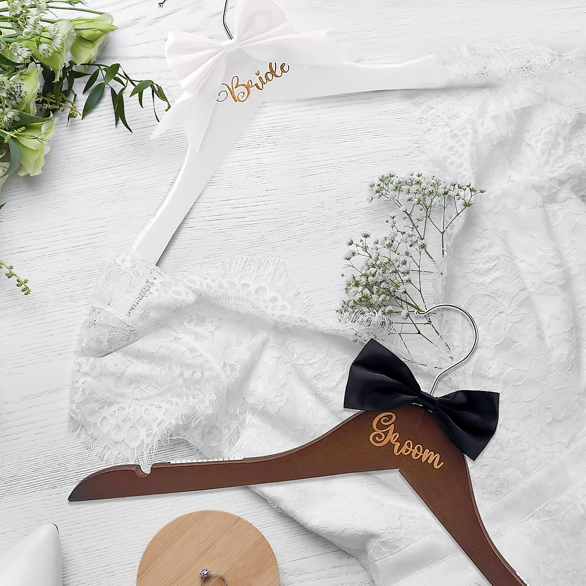 Ahzemepinyo 2 Pcs Bride and Groom Wedding Dress Hanger Wooden Wedding Hanger with Bow Tie Mr and Mrs Hangers Bride to Be Wedding Dress Hanger Wooden Hangers Wedding Gift Bridal Party Shower Gift