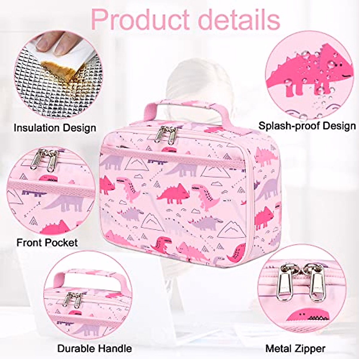 Kids Lunch Box Boys Girls Insulated Lunch Cooler Bag Reusable Lunch Tote Kit for School Travel Dinosaur Pink