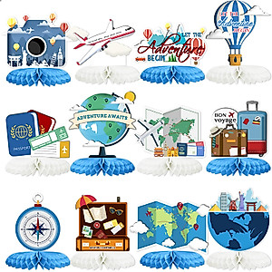 12PCS Travel Themed Party Decorations Travel Honeycomb Centerpieces Bon Voyage Party Decor Adventure Awaits Table Toppers for Baby Shower Retirement Birthday Party