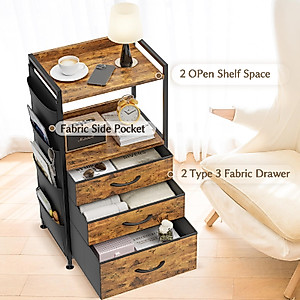 LASZOLA Nightstand with 3 Fabric Drawers and Side Pockets, Vertical Bedside Table with Wood Shelf, End Table Bed Side Dresser Furniture for Bedroom Living Room Entryway College Dorm, Rustic Brown, 1