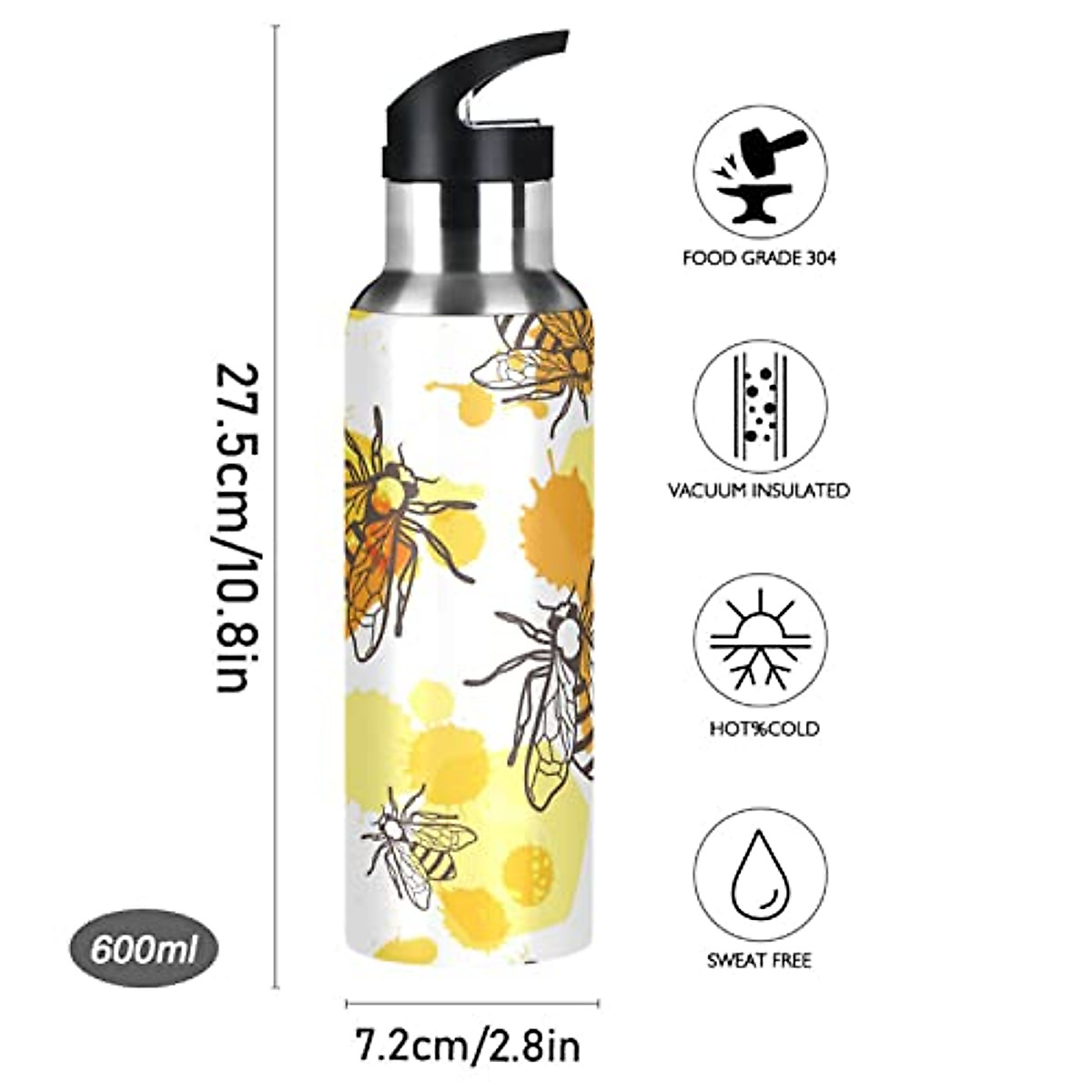 Oarencol Bee Honeycombs Honey Water Bottle Stainless Steel Vacuum Insulated Thermos with Straw Lid 20 Oz