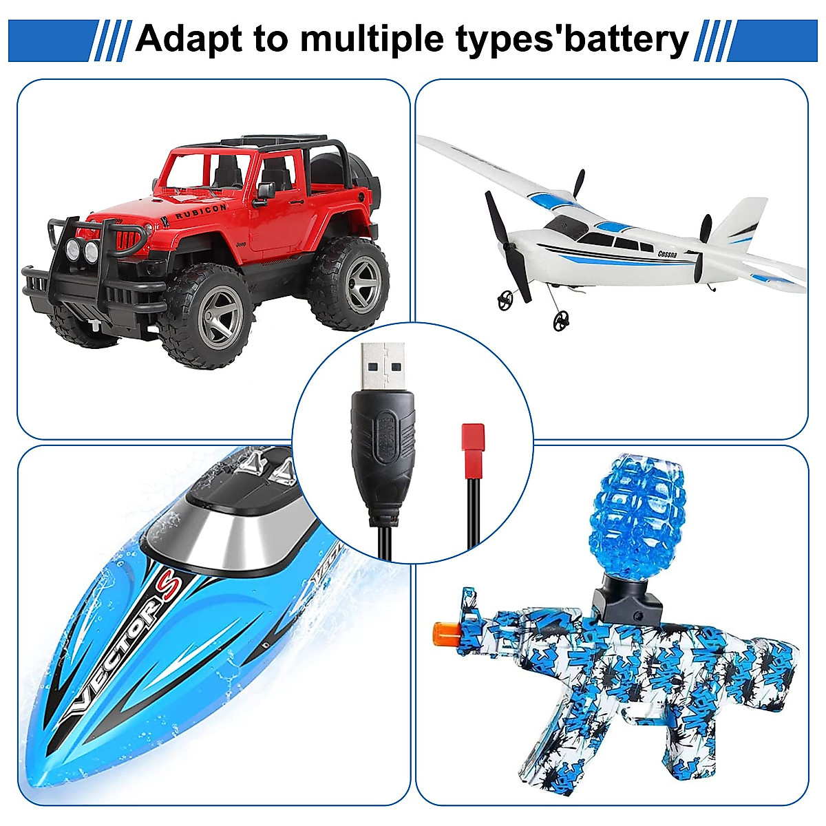 KBT 2-Pack JST-2P USB Charger Cable for 3.7V Li-ion RC Car Battery, 800mA Charging Speed Compatible for 3.7V RC Car Battery