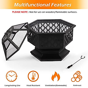 70CM Hexagonal Portable Outdoor Fire Pit for Garden Portable Garden Fire Pit, Outdoor Fire Pit, Heavy Duty Fire Bowl with Spark Screen Cover and Poker Fire Bowl Iron Brazier Wood Burning Fire Pit