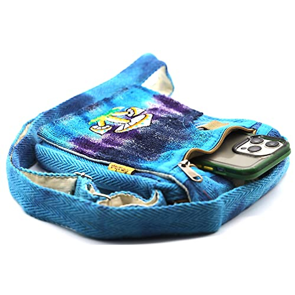 Himalaya Handmade Unique design Mushroom Embroidery Hemp Hobo Passport crossbody bag Festival Travel 100% Himalaya FAIR TRADE MADE Handmade with Love., Blue