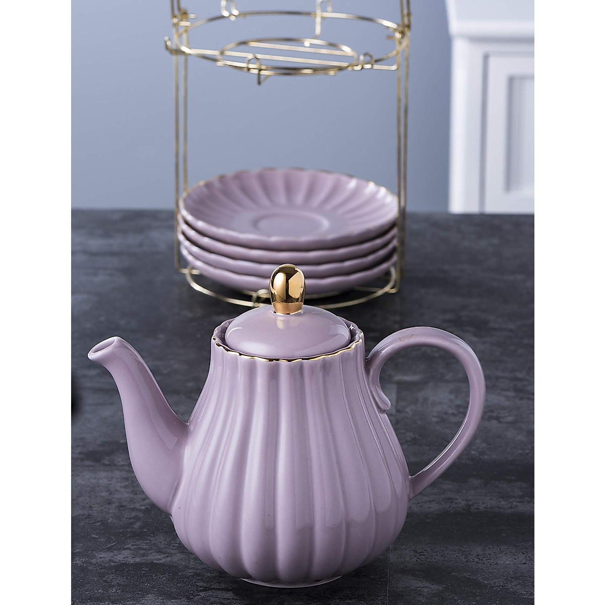 Jusalpha Fine China 8 OZ Purple Coffee Cup/Teacup, Saucer, Spoons, Teapot and Creamer set, 17-Pieces (FD-TW17PC SET, Purple)